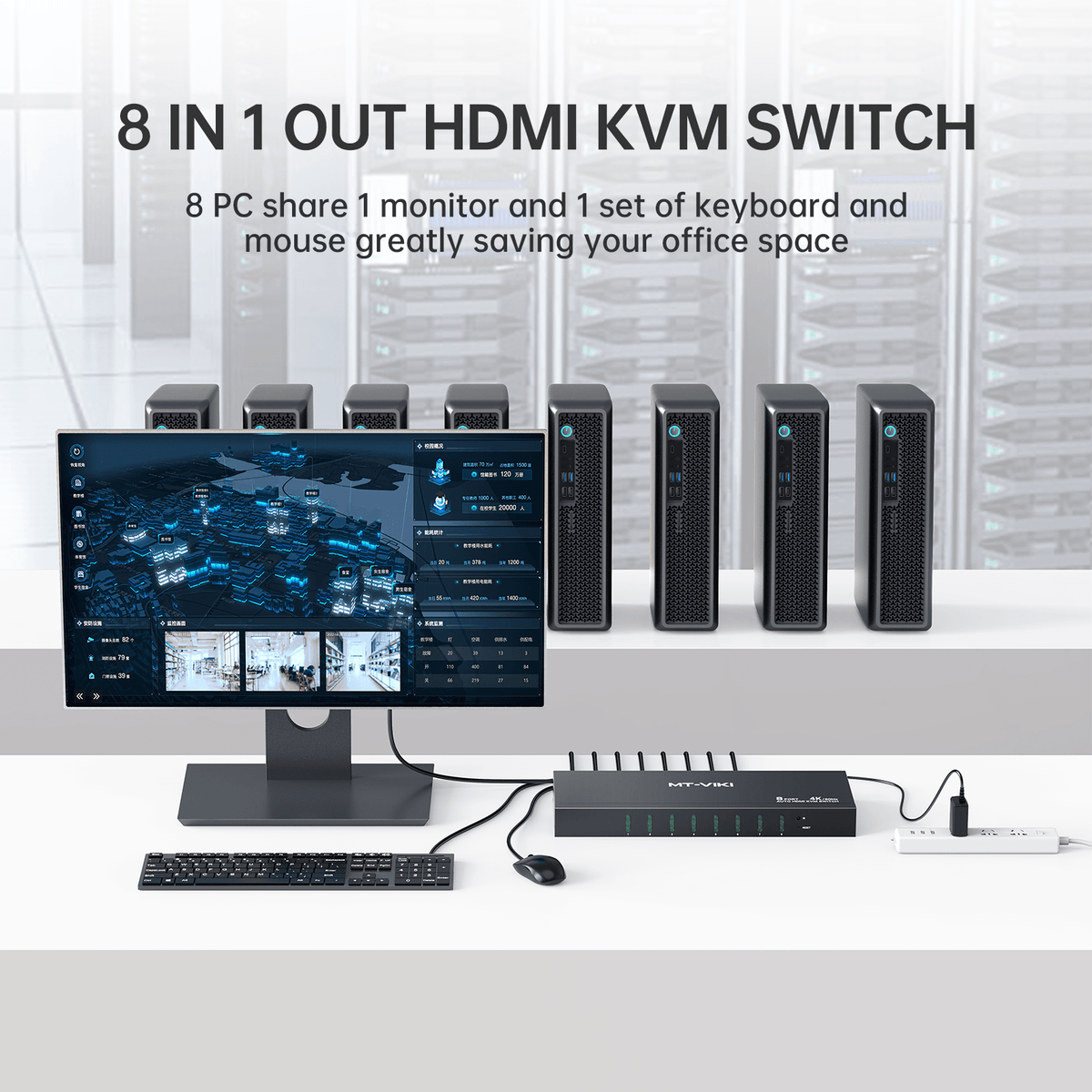 Industrial KVM Switch 8 port HDMI 4K 60HZ + Cables, Hotkey/OSD/Daisy ...