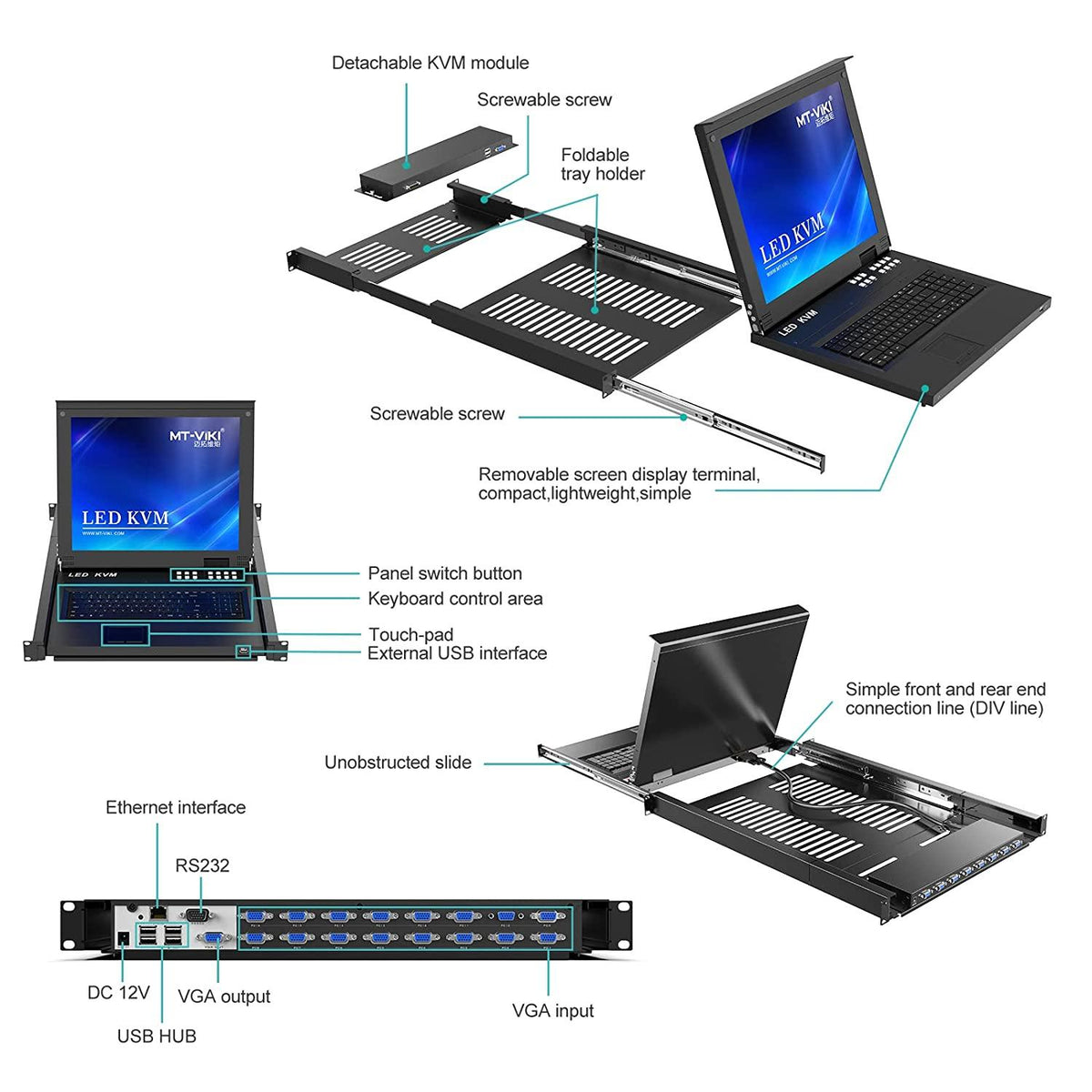 8 Port 17" IP LCD KVM Console Switch Drawer VGA + Cables For 1U Rack ...